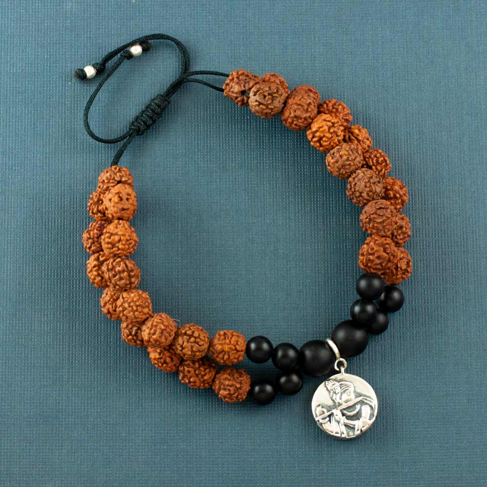 Radha Krishna Aashirwaad Silver Charm Rudraksh Rakhi Adjustable Bracel