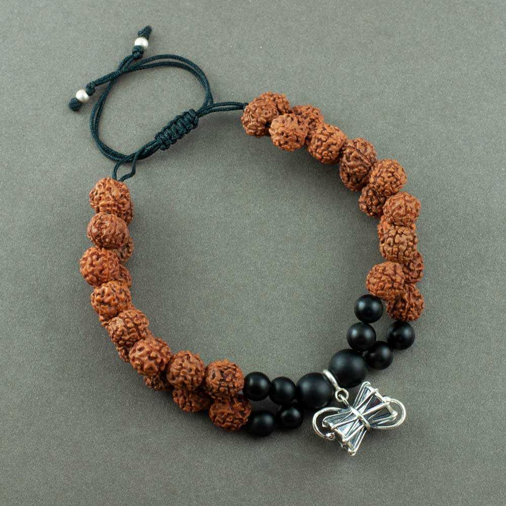 Large Damru Silver Charm Rudraksh Rakhi Adjustable Bracelet