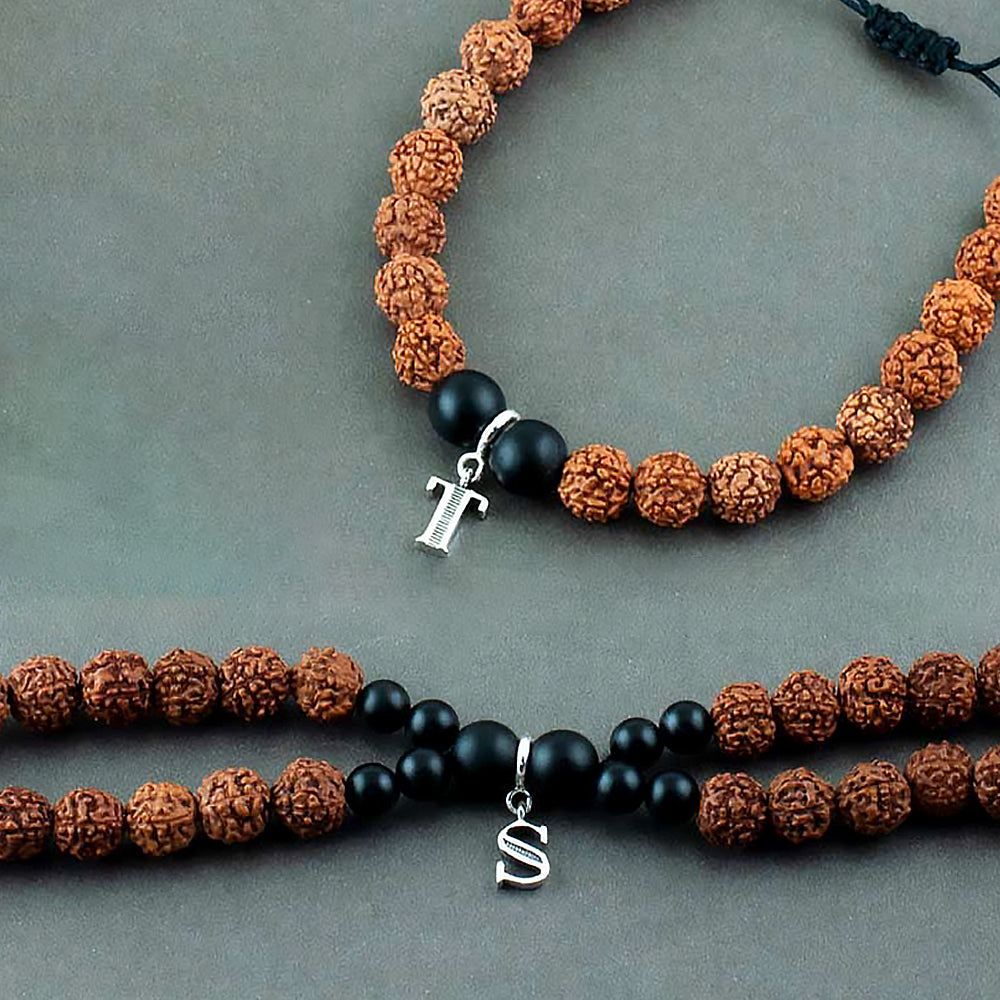 Choose Your English Alphabet Silver Charm Rudraksh Rakhi Bracelet