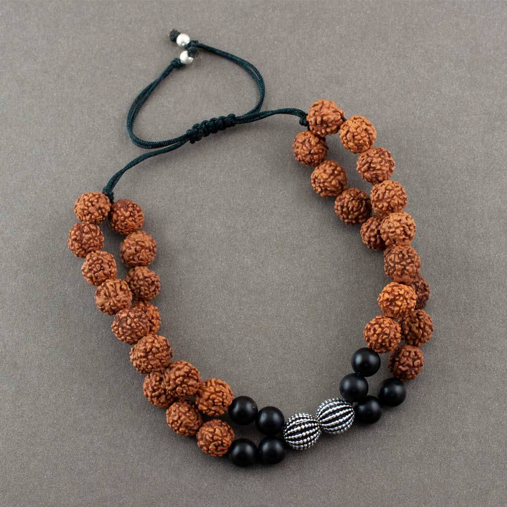 Silver Centric Double Layer Rudraksh Rakhi Adjustable Bracelet