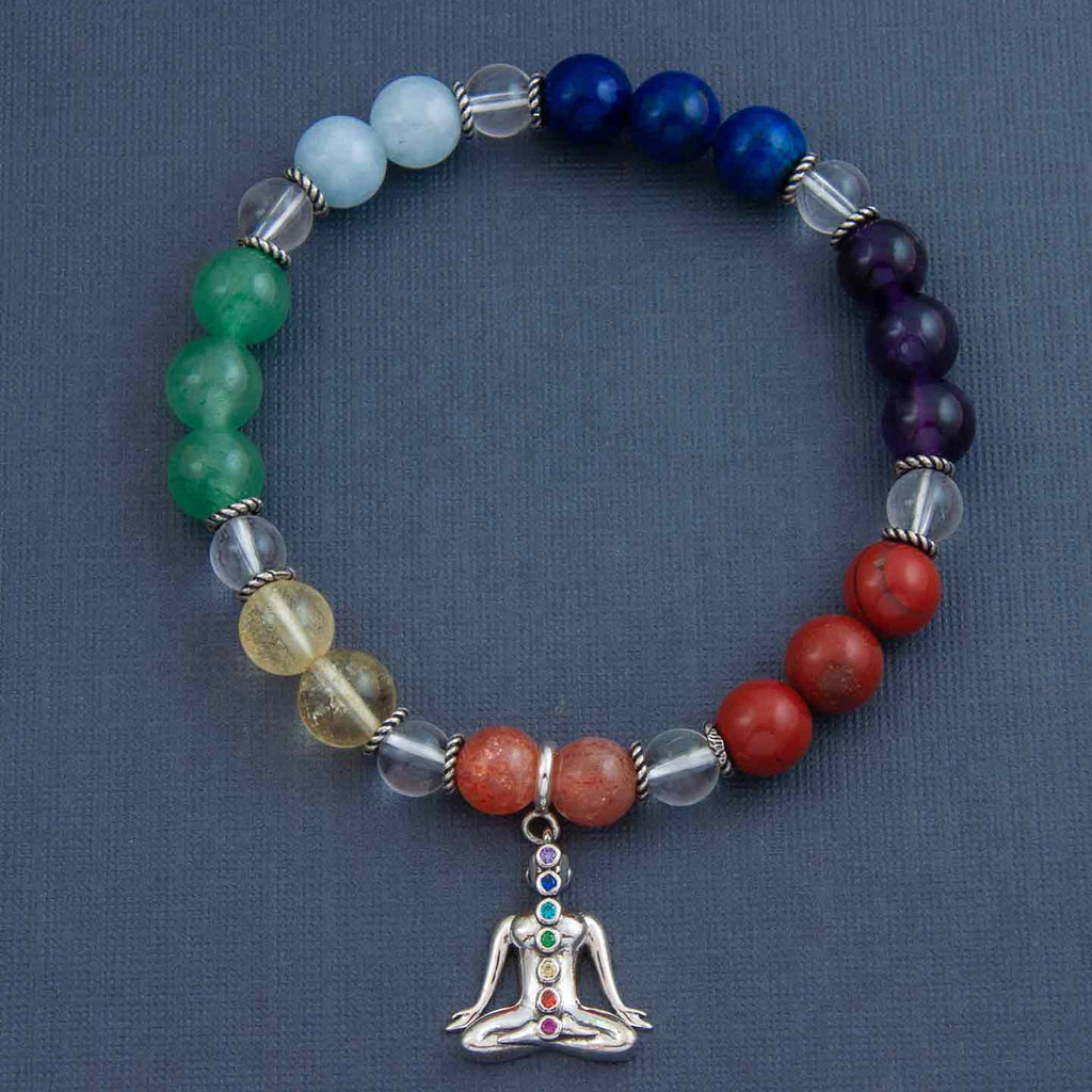 Seven Chakras Silver Charm with Multi Stone Seven Chakra Bead Bracelet